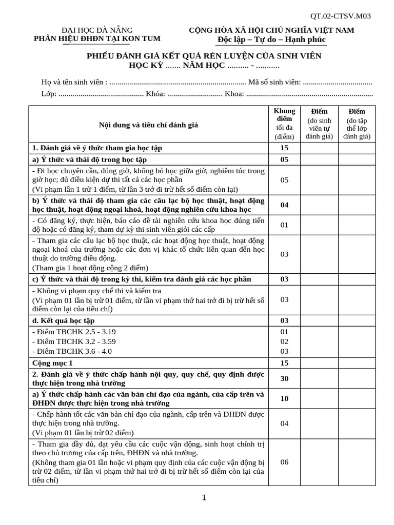 Phieu Danh Gia Ket Qua Ren Luyen Cua Sinh Vien | PDF