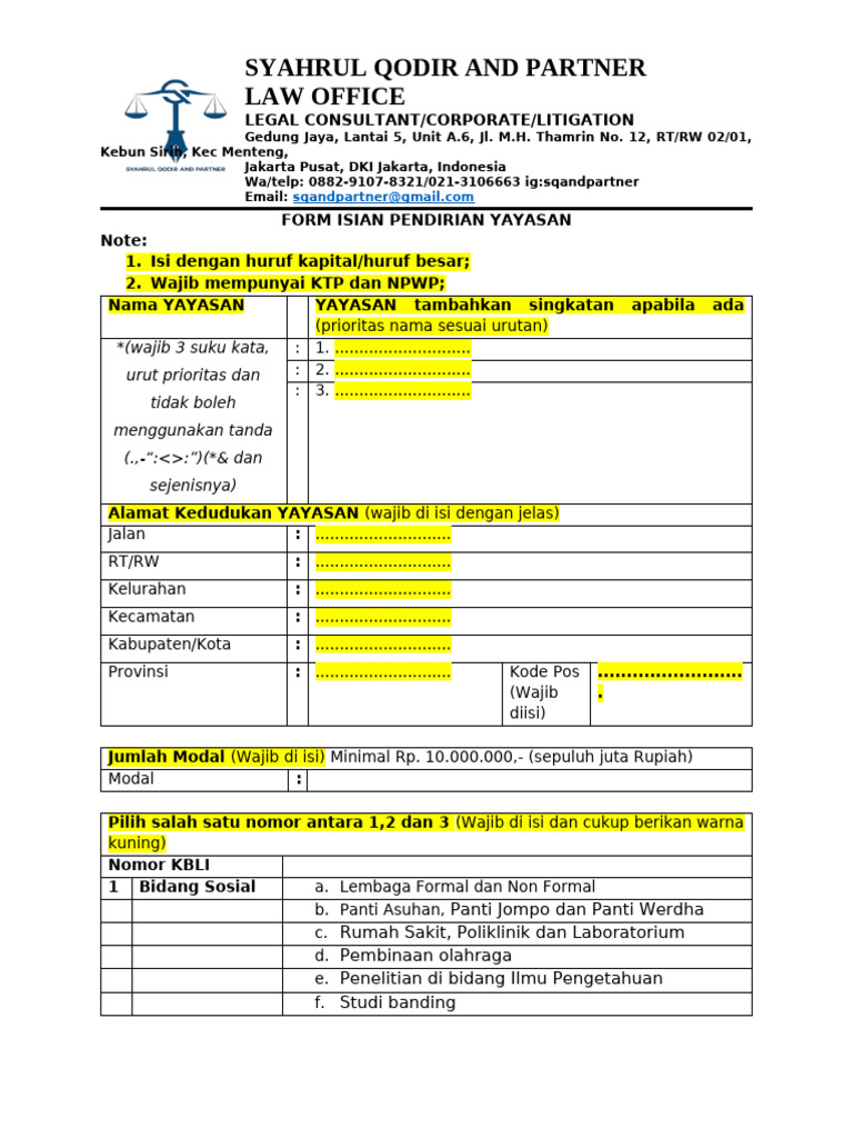 Form Isian Pendirian Yayasan Terbaru | PDF