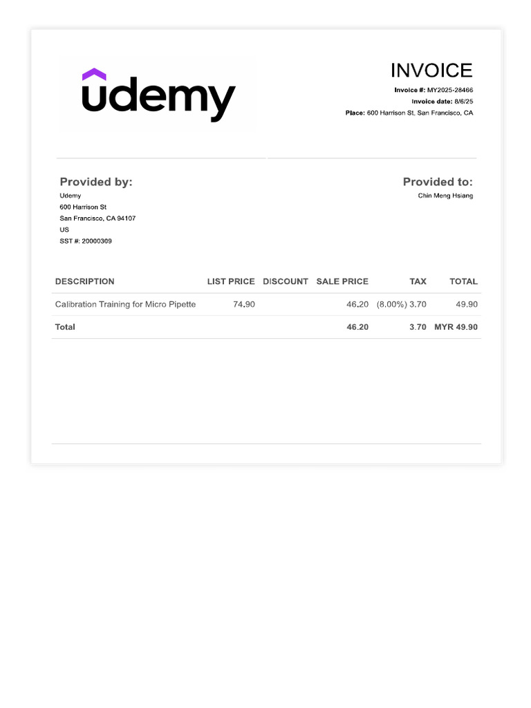 Udemy Invoice - Micropipette Training | PDF