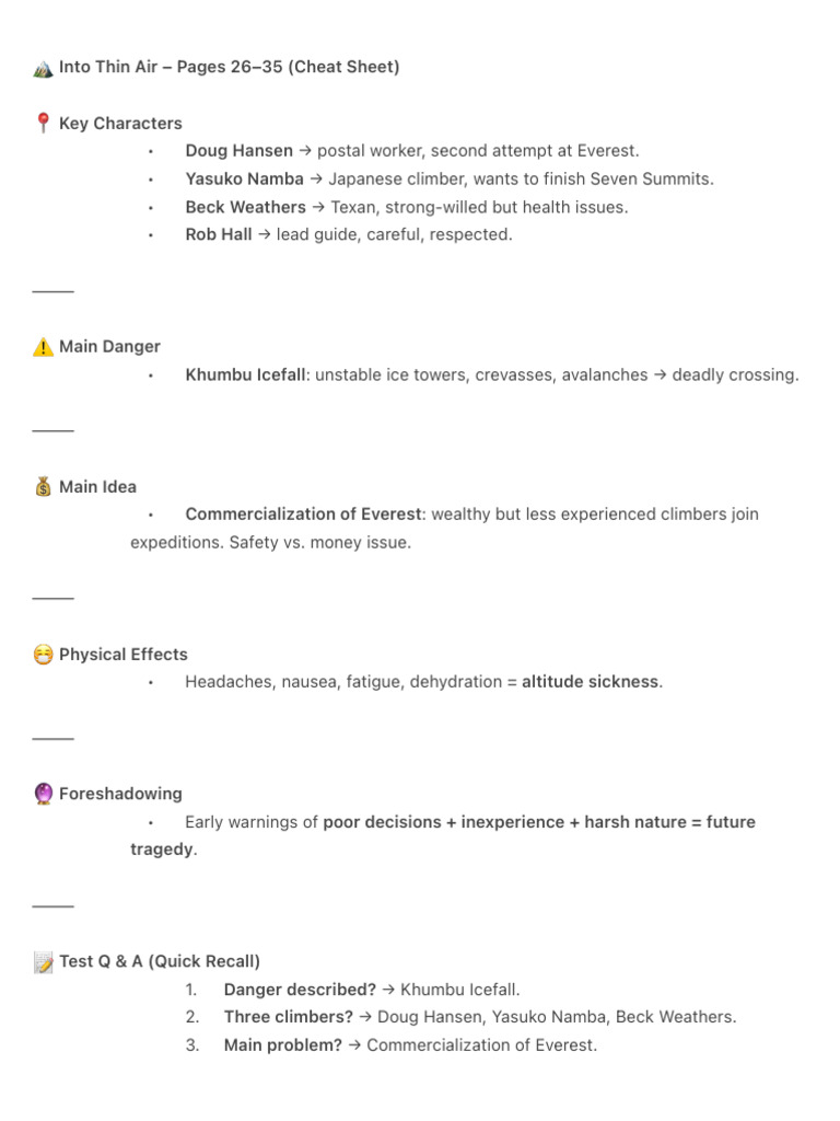 ? Into Thin Air - Pages 26-35 (Cheat Sheet) | PDF