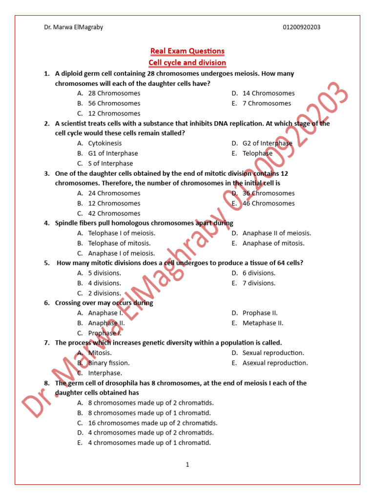Cell Cycle and Division Exam Questions | PDF | Mitosis | Meiosis
