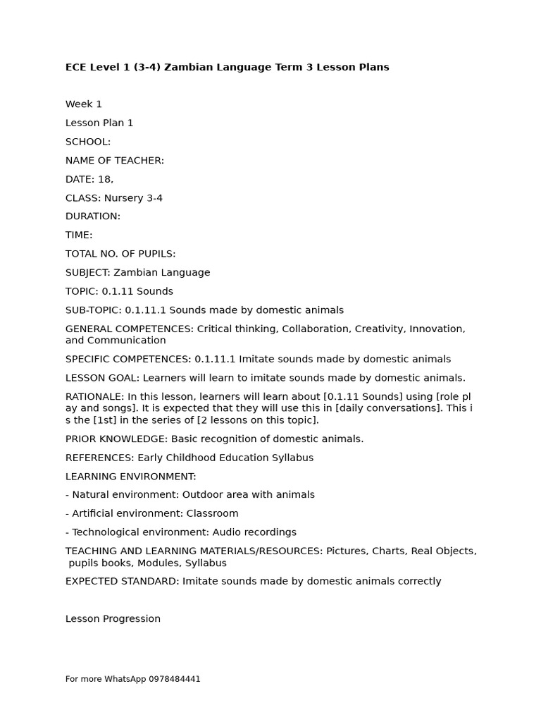 Zambian Language Lesson Plans for ECE | PDF | Lesson Plan | Learning