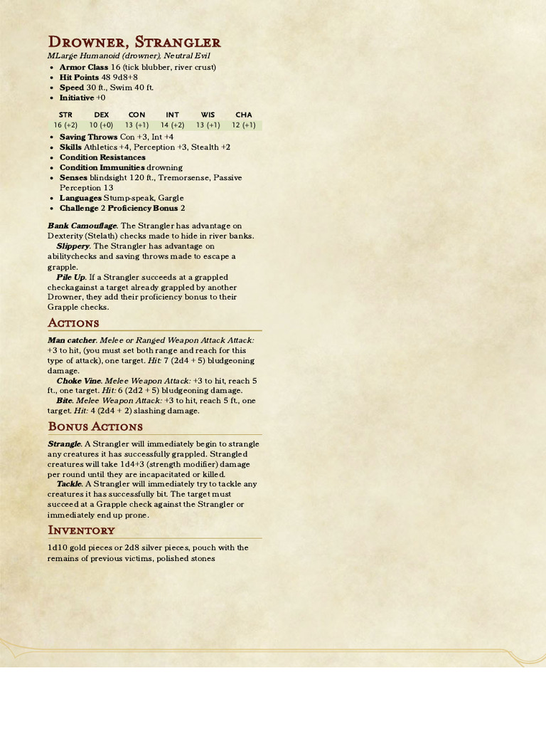 Drowner, Strangler Stats | PDF