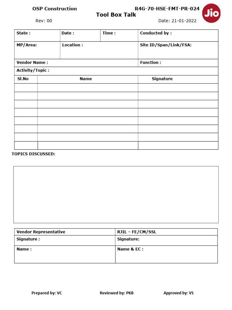 New Revised TBT Format To Be Conducted by Jio Site Engineer Prior To Any Site Ac | PDF