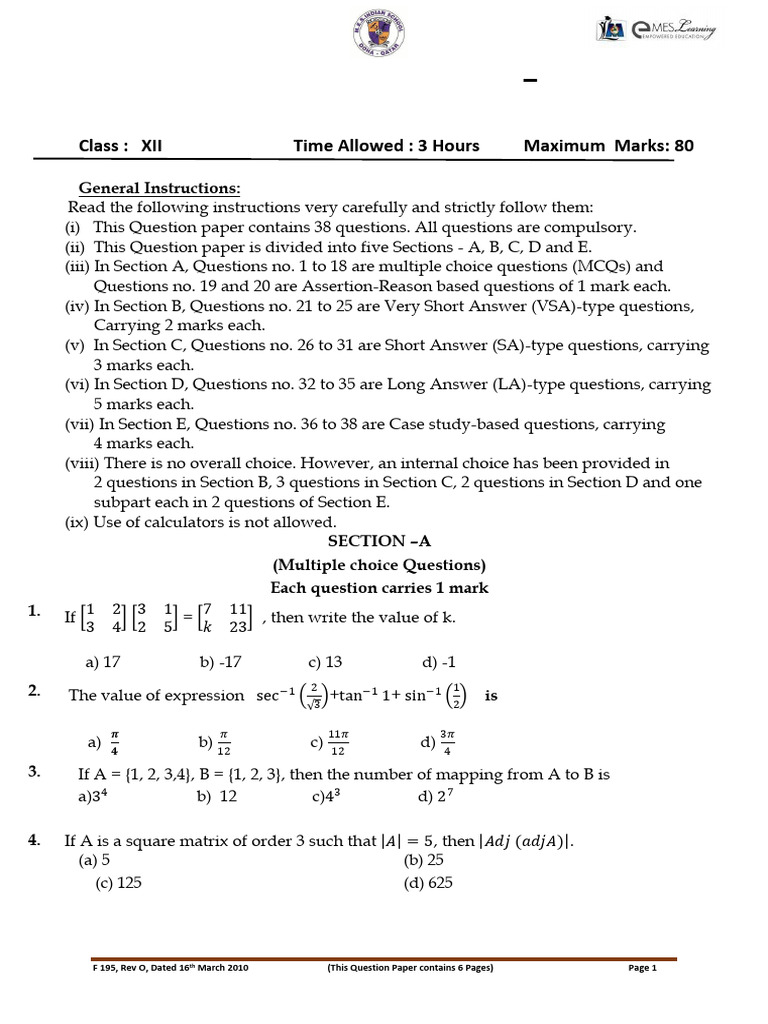 Class XII Mathematics-Model Question Paper-Term End Assessment-June ...