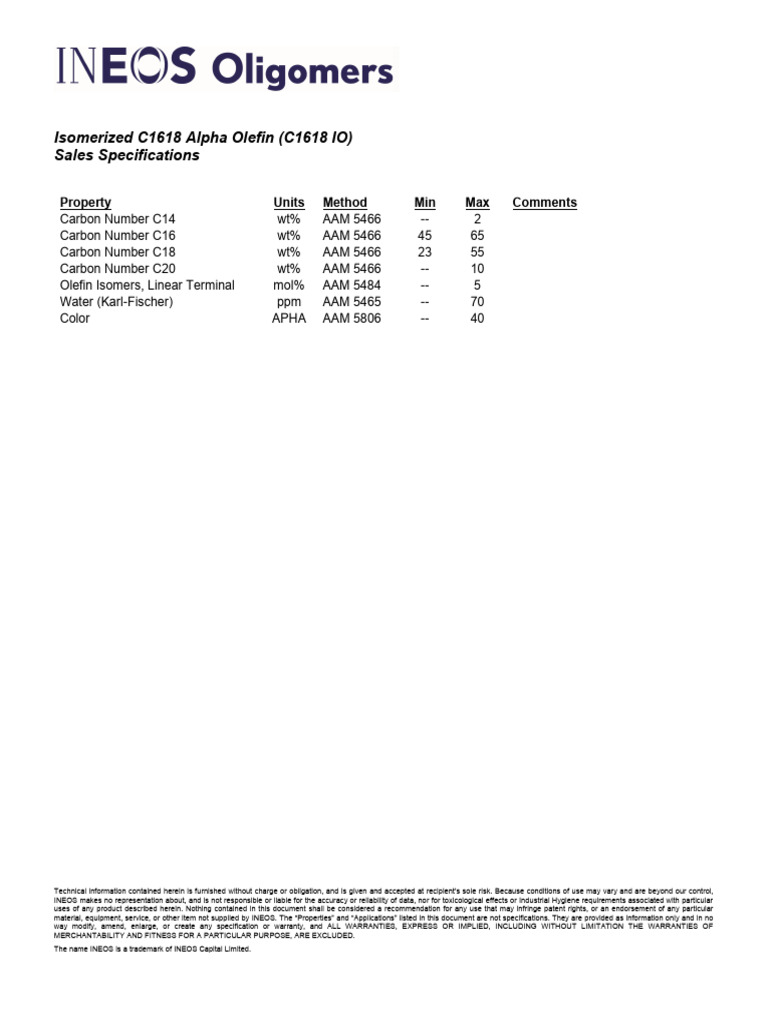 Alpha Olefin C1618 Isomerized Olefin Inneos | PDF