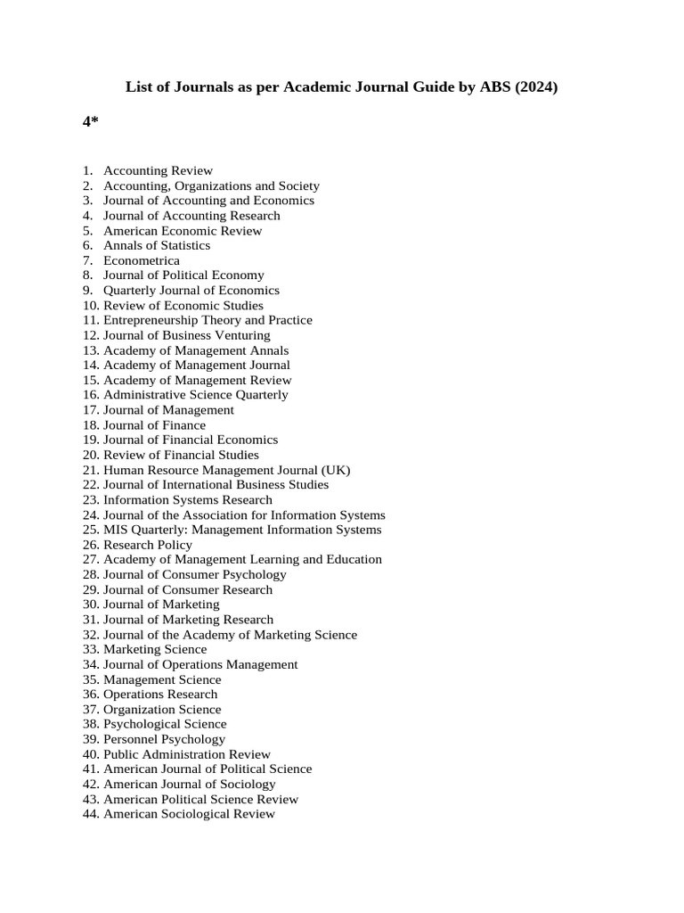 ABS Journal List 2024: Finance & Operations | PDF | Economics | Psychology