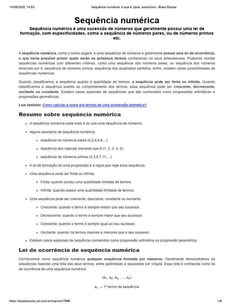 Sequência Numérica - o Que É, Tipos, Exercícios - Brasil Escola | PDF ...