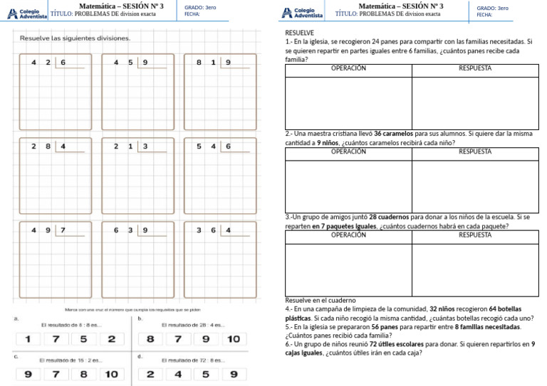 Problemas de División Exacta para 3er Grado | PDF