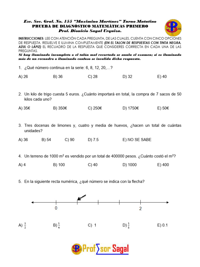 Prueba Diagnóstica Matemáticas Primero | PDF