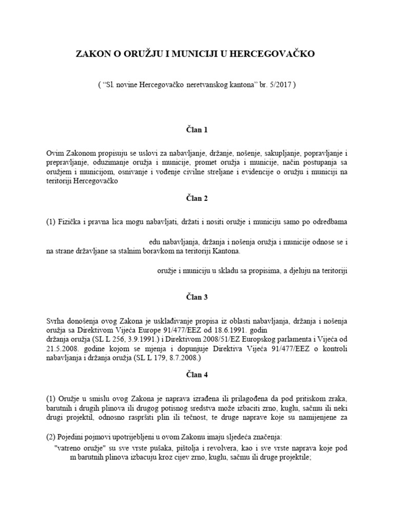 Zakon o Oružju I Municiji U HNK | PDF
