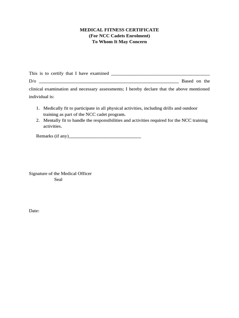 NCC Medical Fitness Certificate | PDF