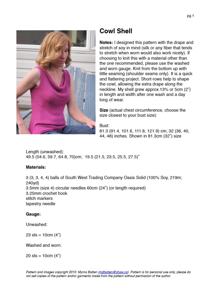 cowl shell pattern for nice top without sleeves | PDF | Knitting ...