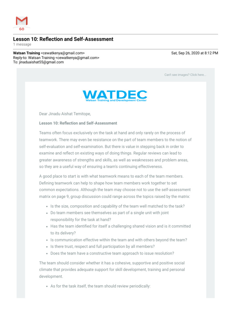 Gmail - Lesson 10 - Reflection and Self-Assessment | PDF | Human ...