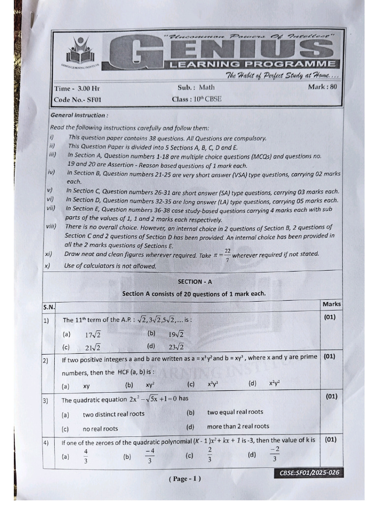 Genius Term 1 Math Class 10 | PDF