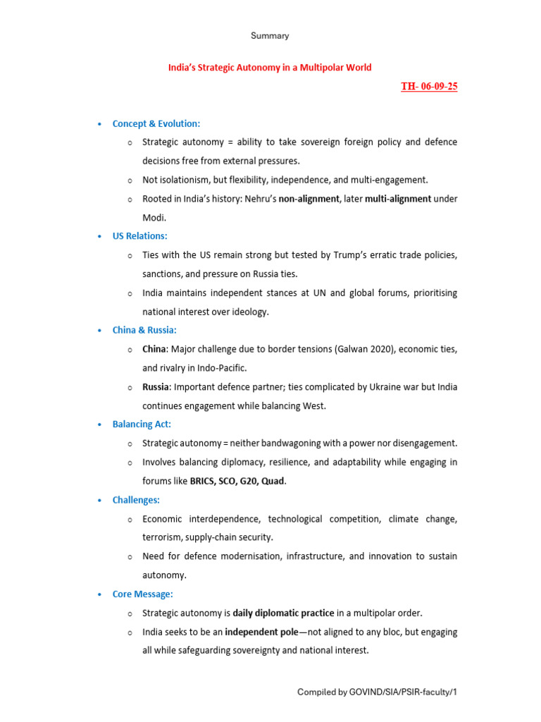 Summary - India's Strategic Autonomy in A Multipolar World | PDF