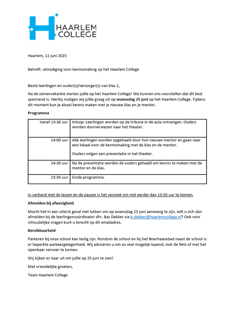 Uitnodiging Kennismaking Klas 1 2025 B & BK | PDF
