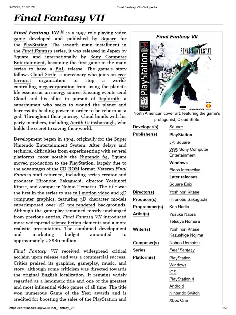 Final Fantasy VII - Wikipedia | PDF | Final Fantasy | Square Enix ...