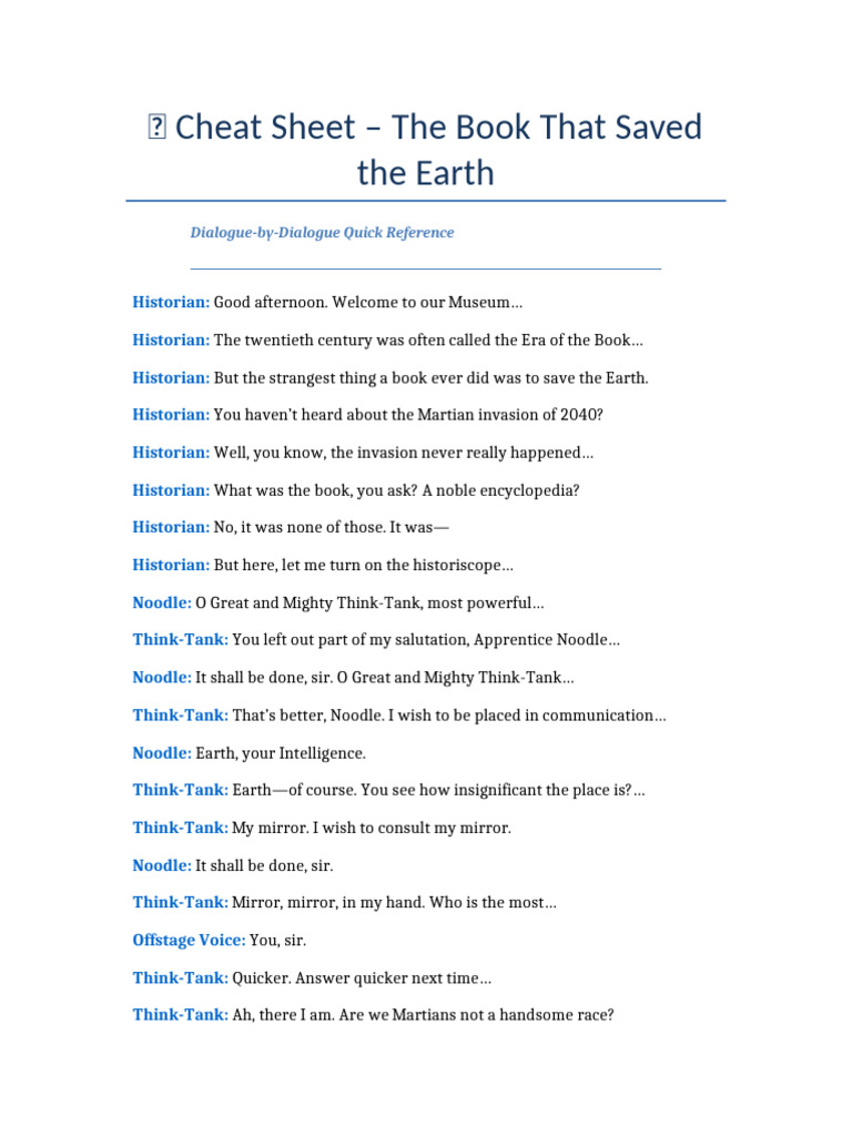 Cheat Sheet Book Saved Earth | PDF