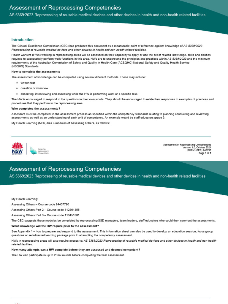 Reprocessing Competency Assessment Guide | PDF | Medical Device ...