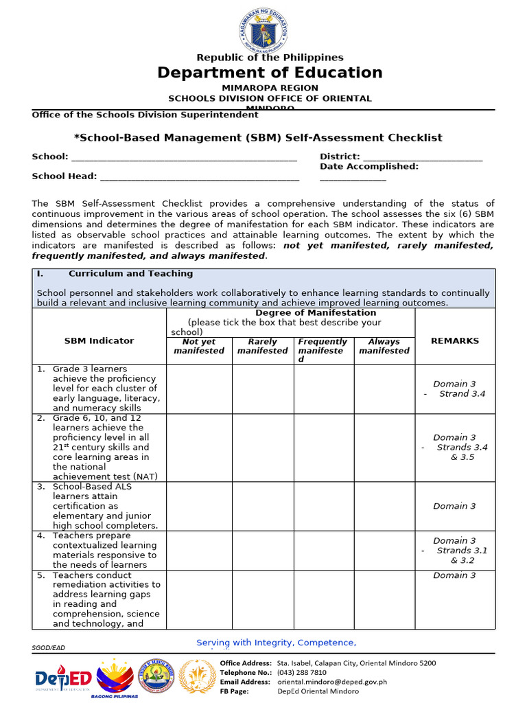 New SBM Revised Assessment Checklist Do 7 | PDF | Learning | Schools