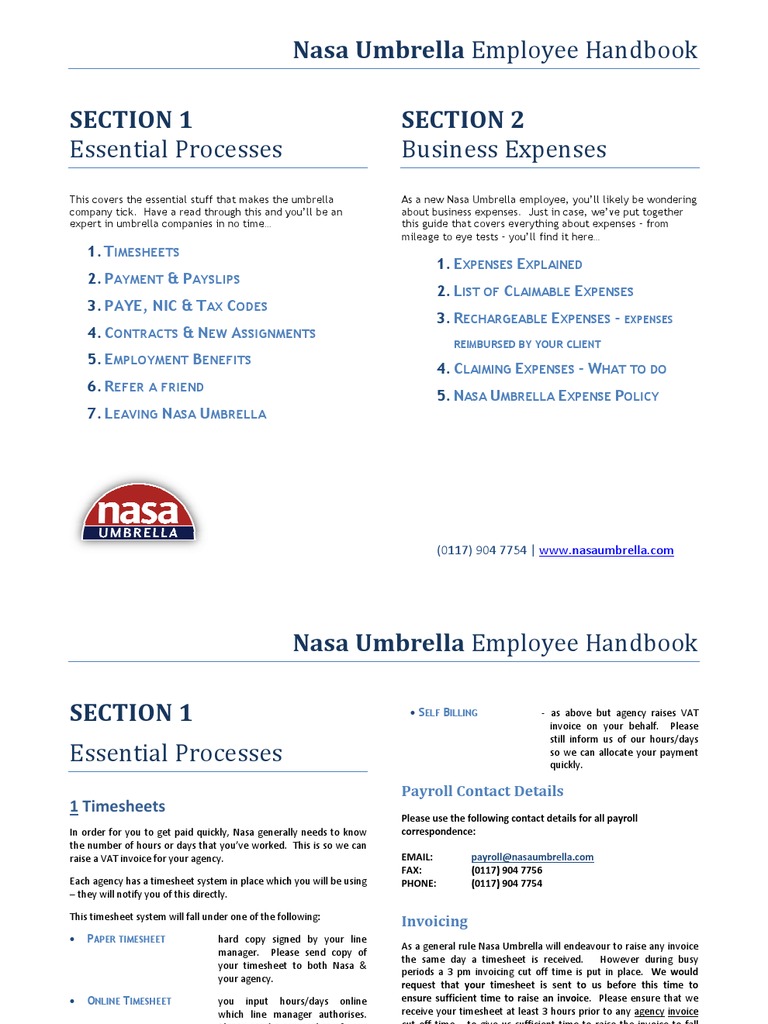 Nasa Umbrella - HANDBOOK (1104) | PDF | Payroll | Payments