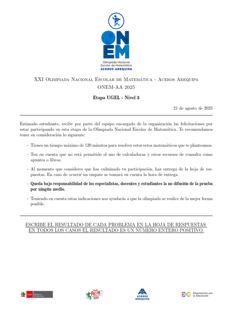 Examen Nivel 3 - ONEM 2025 - UGEL | PDF