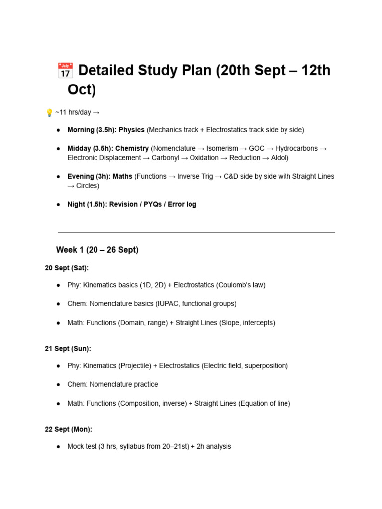 ? Detailed Study Plan (20th Sept - 12th Oct) | PDF | Isomer | Circle