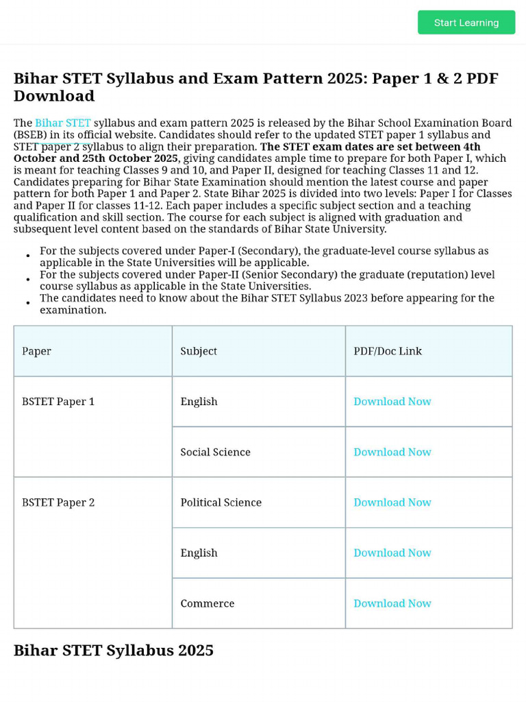 Bihar STET Syllabus and Exam Pattern 2025 - Paper 1 & 2 PDF Download | PDF