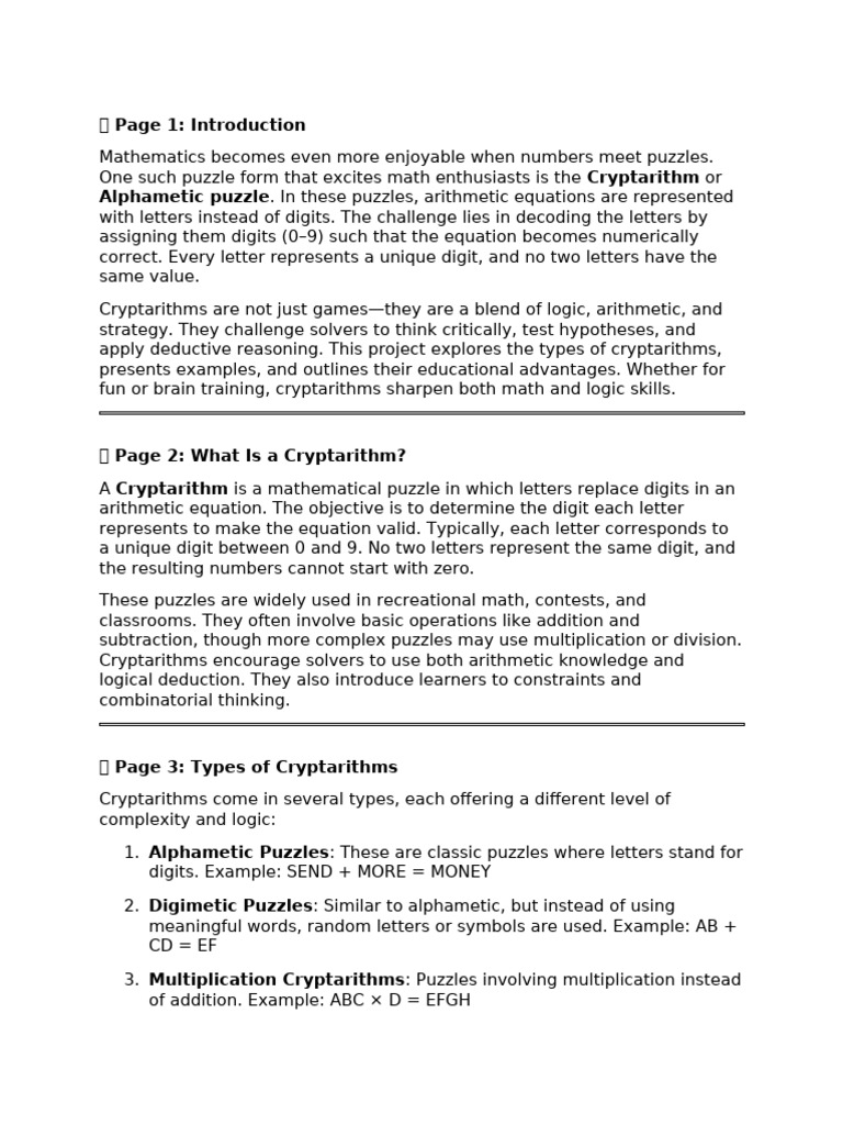 Exploring Types of Cryptarithms | PDF | Mathematics | Puzzles