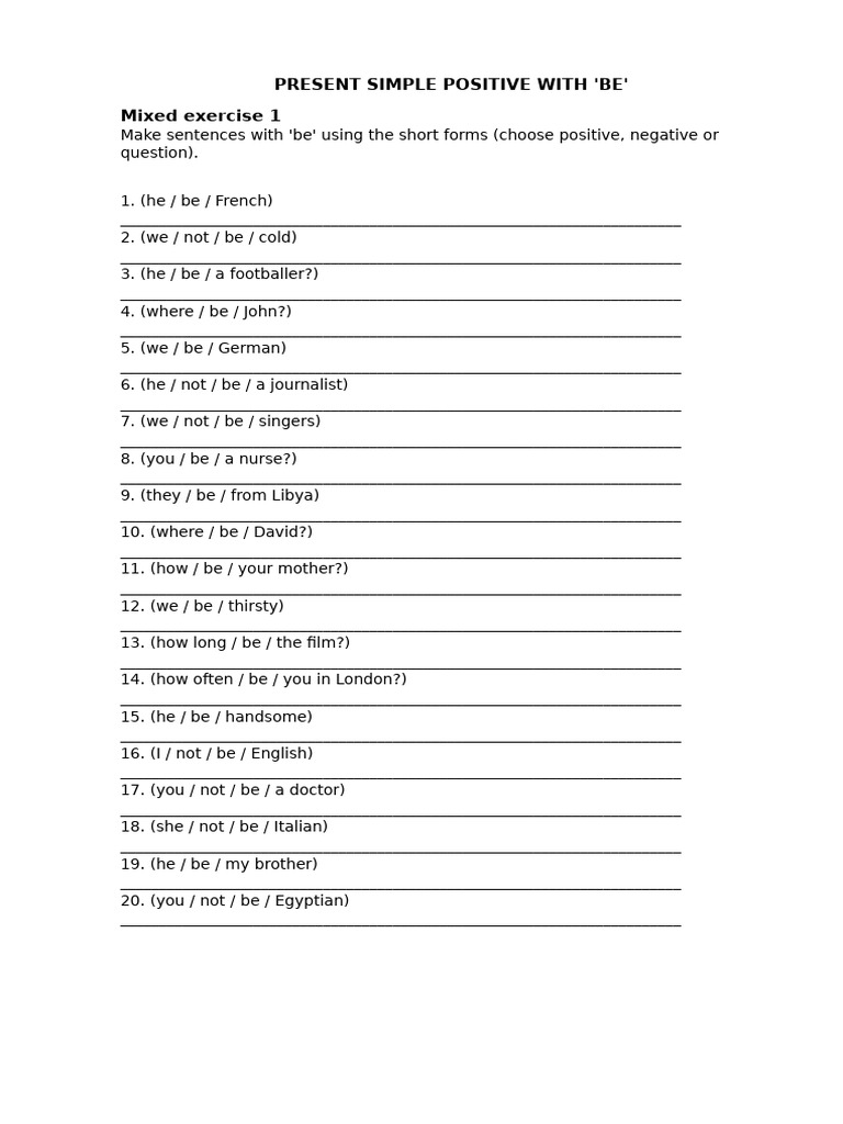 Present Simple Positive With Be - Mixed Exercise 1 | PDF