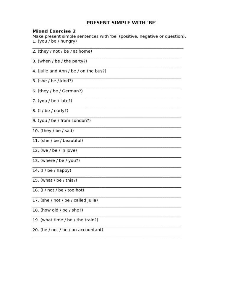 Present Simple Positive With Be - Mixed Exercise 2 | PDF