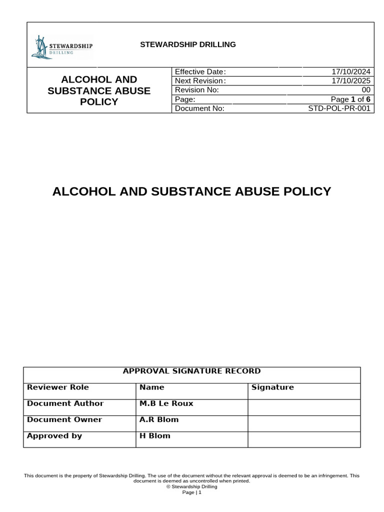Stewardship Drilling Substance Abuse Policy | PDF | Substance Abuse ...