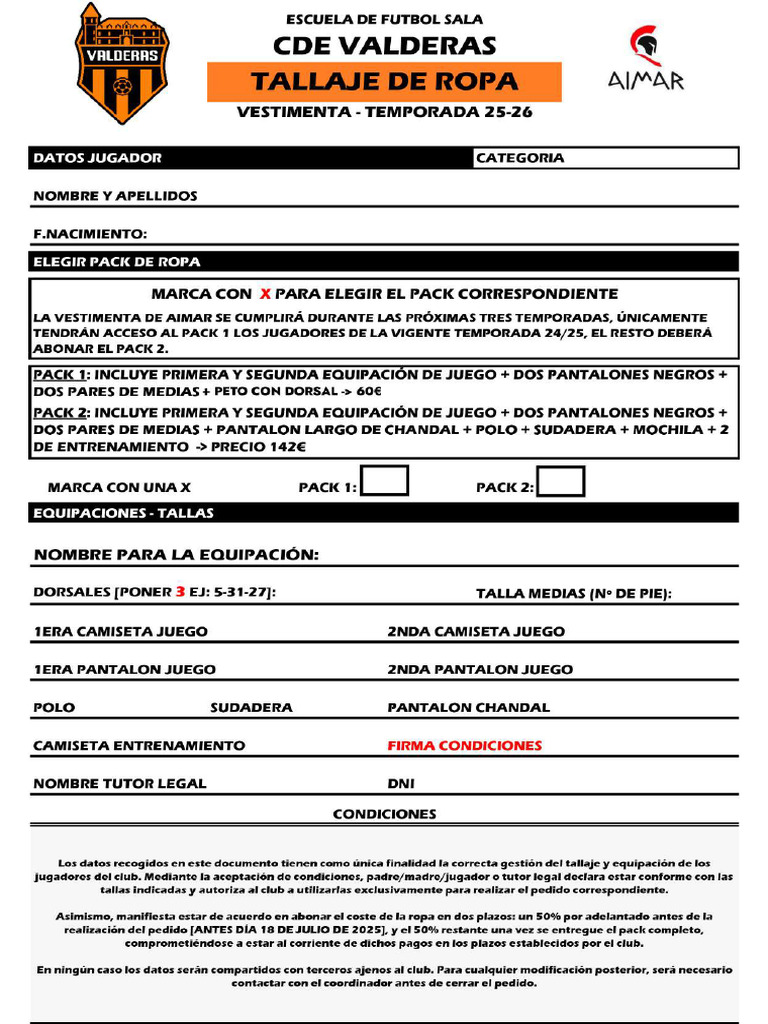 Hoja de Tallaje 2526 Oficial Rellenable | PDF