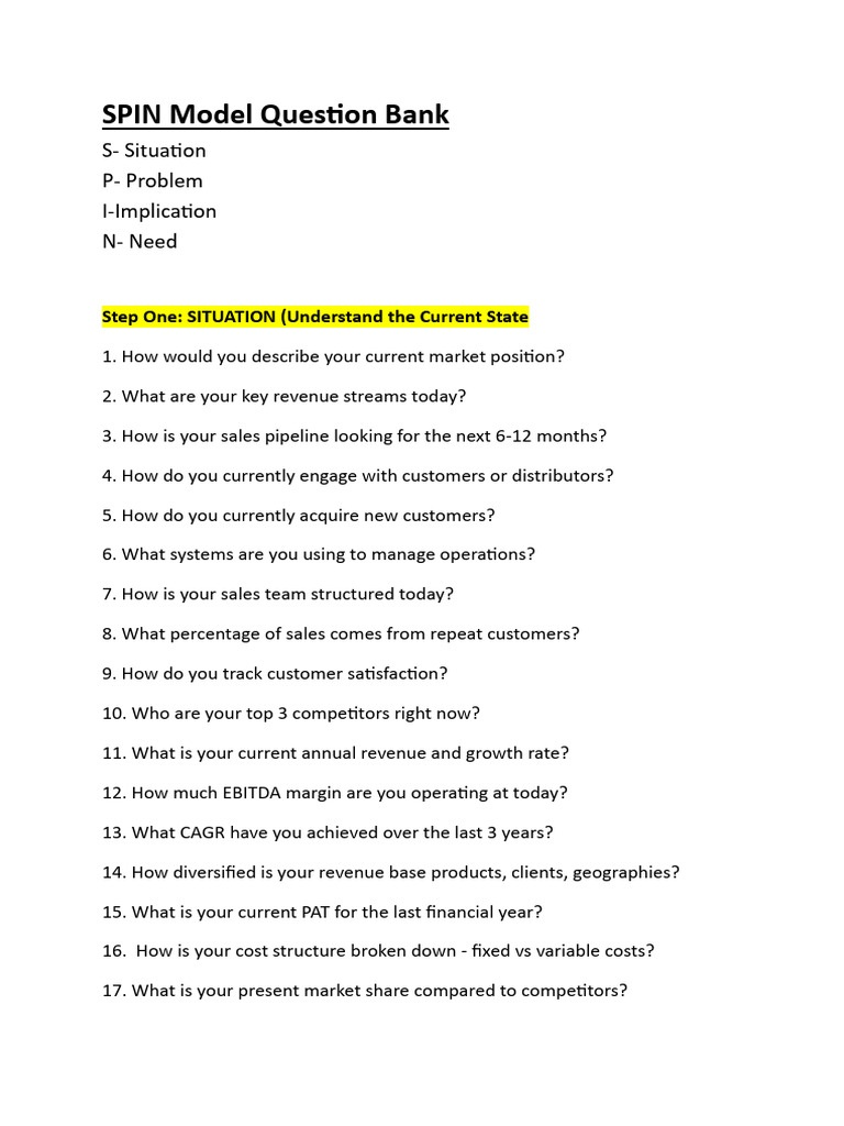 Spin Model - List of Questions | PDF | Profit (Economics) | Valuation ...