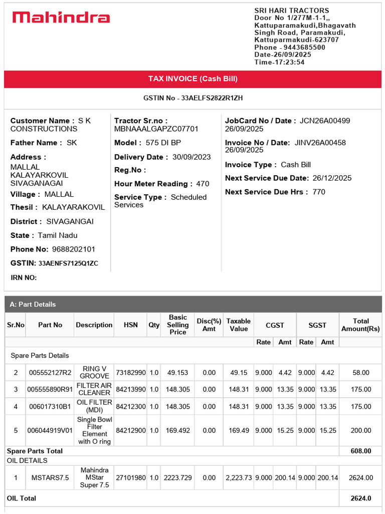 SRI HARI TRACTORS Tax Invoice Details | PDF | Payments | Government Of ...