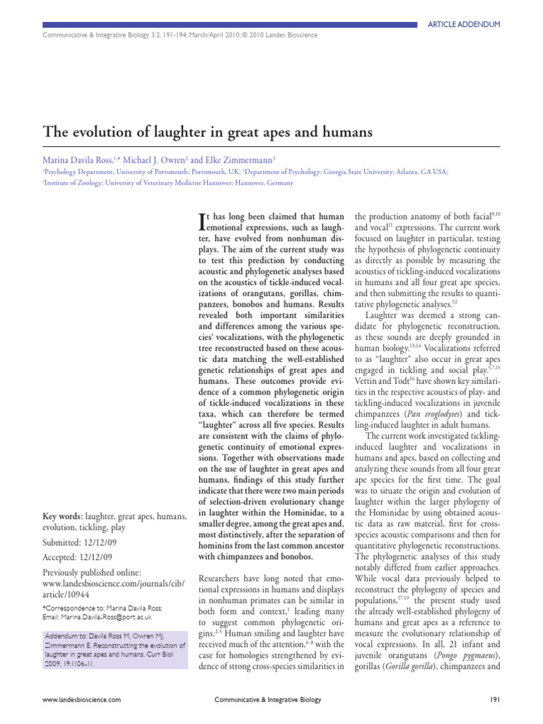 Evolution of Laughter in Great Apes and Humans | PDF | Hominidae | Ape