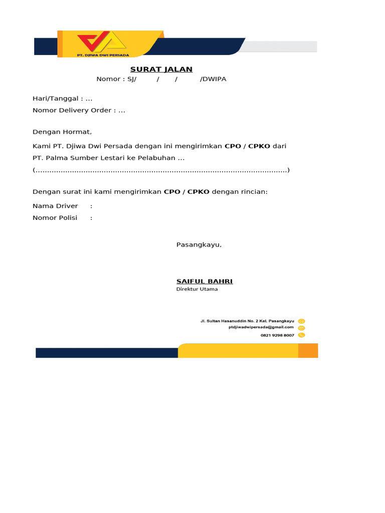 Surat Jalan Pengiriman CPO/CPKO | PDF