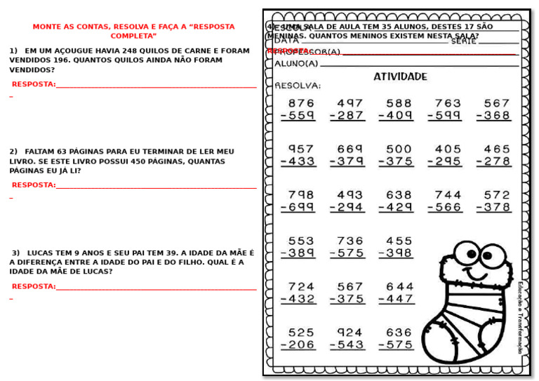 Matemática Problemas e Contas Subtração | PDF