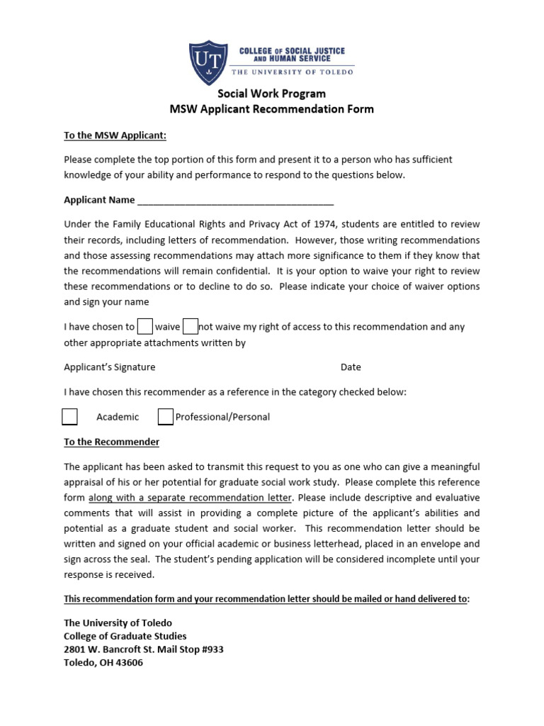 MSW Applicat Recommendation Form | PDF | Performance Appraisal | Social ...