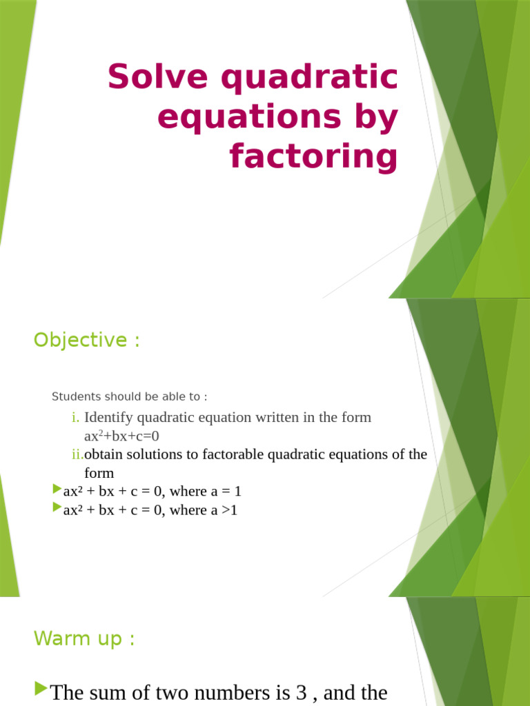 Solve Quadratic Equations by Factoring | PDF | Equations | Factorization