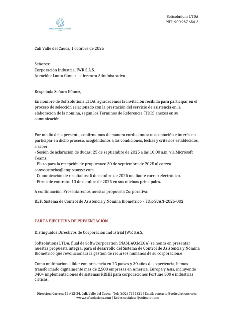 Carta Aceptacion Softsolutions | PDF | Colombia | Servicios web de Amazon