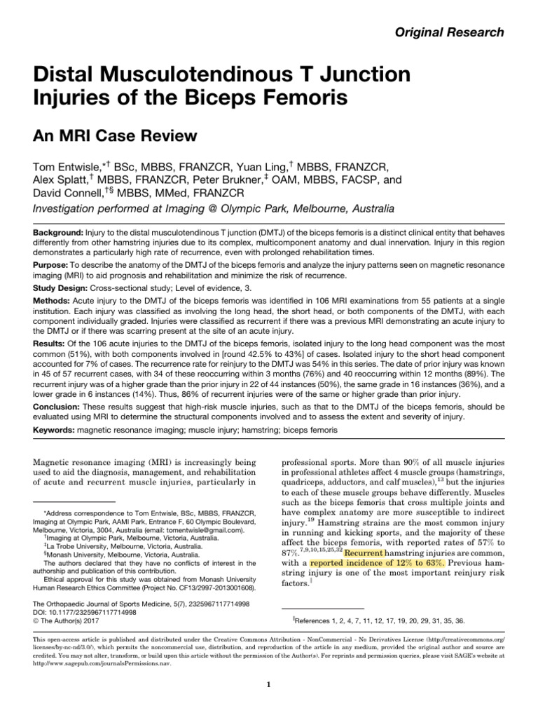 Distal Musculotendinous T Junction Injuries of The Biceps Femoris | PDF ...