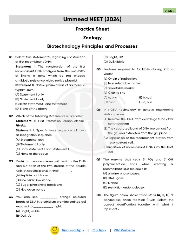 NEET 2024 Biotechnology Practice Questions | PDF | Molecular Cloning ...