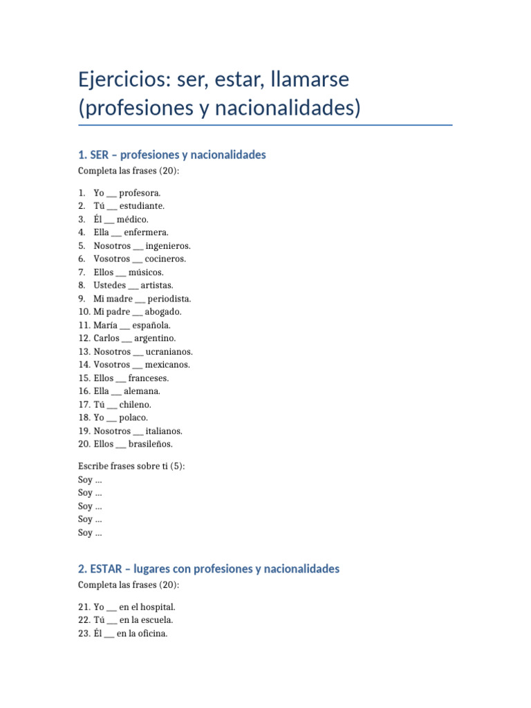 Ejercicios Ser Estar Llamarse | PDF