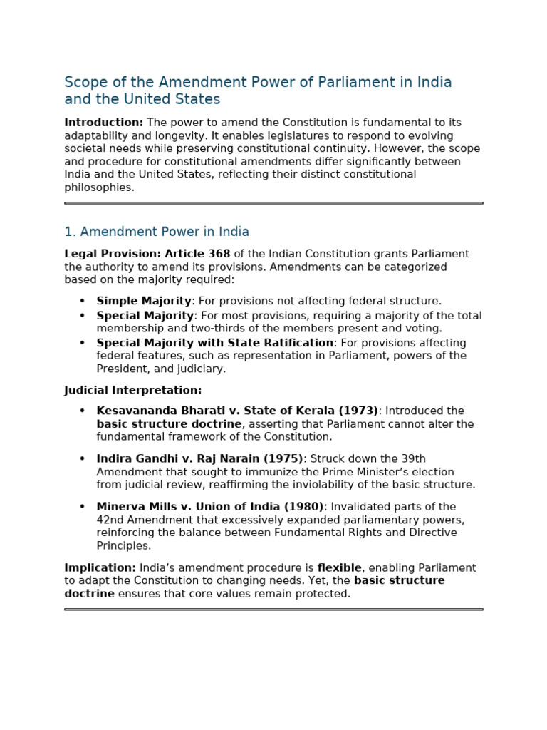 Amendment Power: India vs. USA | PDF | Constitutional Amendment ...