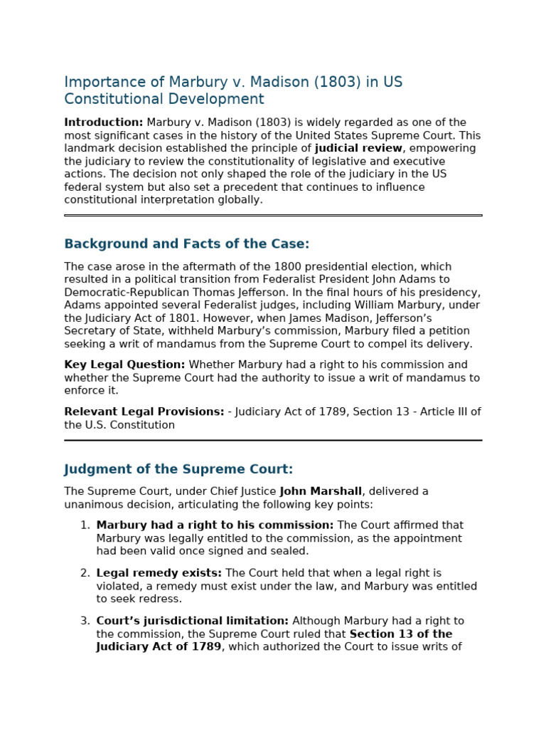 Marbury V Madison Analysis | PDF | Marbury V. Madison | Judicial Review