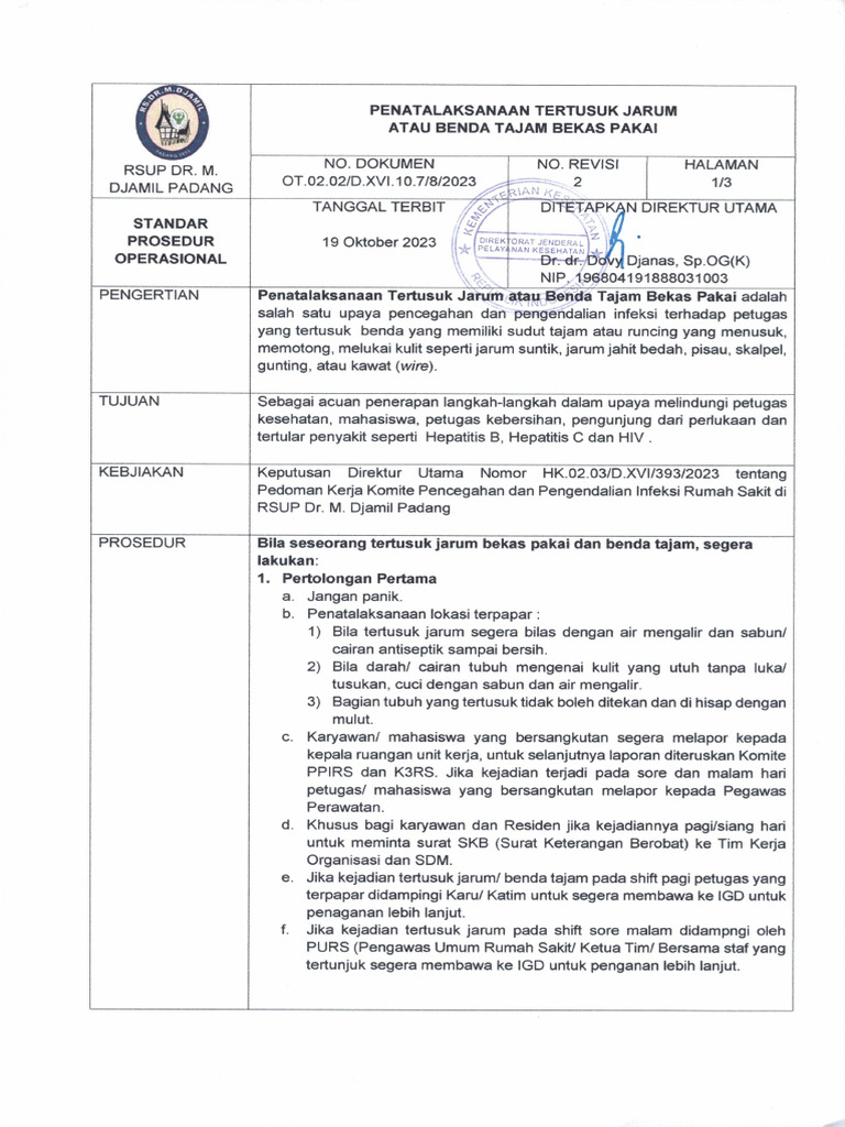 Spo Penatalaksanaan Tertusuk Jarum Atau Benda Tajam Bekas Pakai | PDF