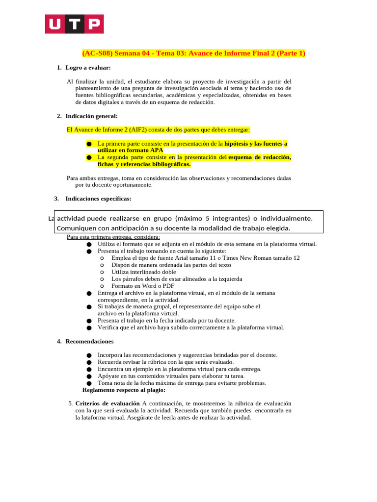 ? (AC-S08) Semana 08 Avance de Informe Final 2 (Parte 1) (AIF2) (Investigacion Academica ...