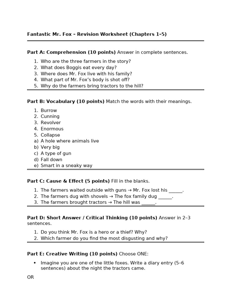 Fantastic MR Fox Ch1 5 Student Worksheet | PDF